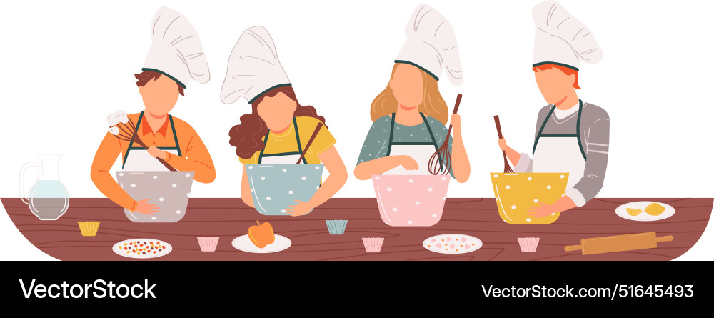 Four cartoon chefs cooking together preparing Vector Image