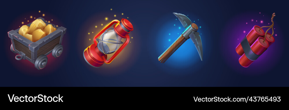 Game props icons gold mine assets set Royalty Free Vector