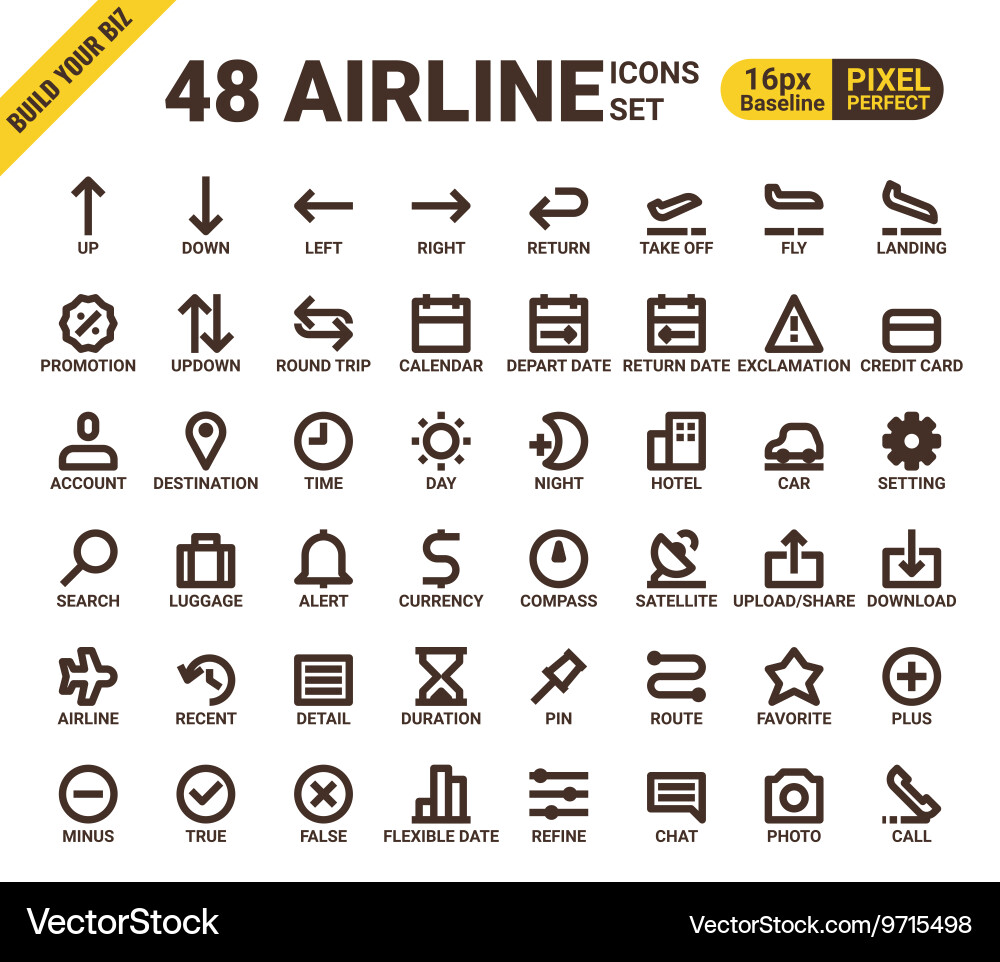 Airline web universal pixel perfect line icons Vector Image