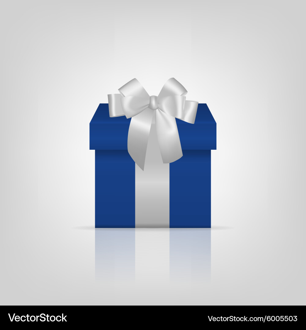Blue square gift box with silver ribbon and bow Vector Image