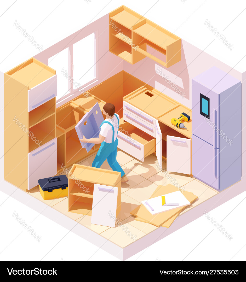 Isometric kitchen furniture installation Vector Image