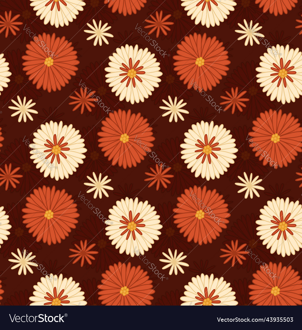 Seamless retro pattern with groovy flowers on dark