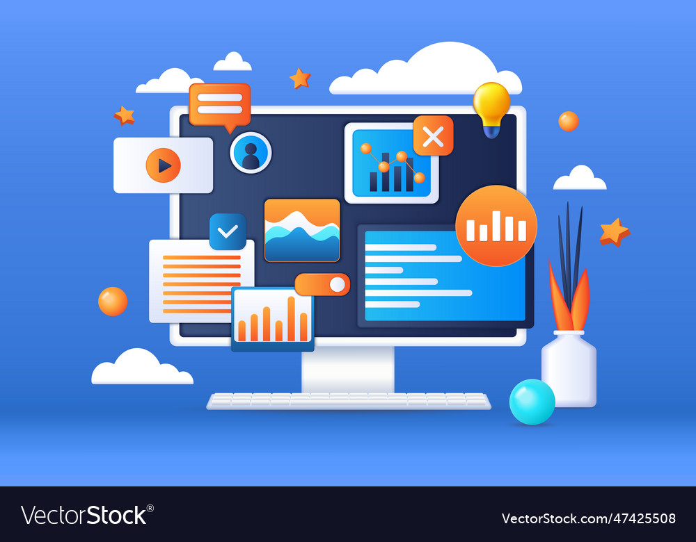 3d computer web elements on pc screen website Vector Image