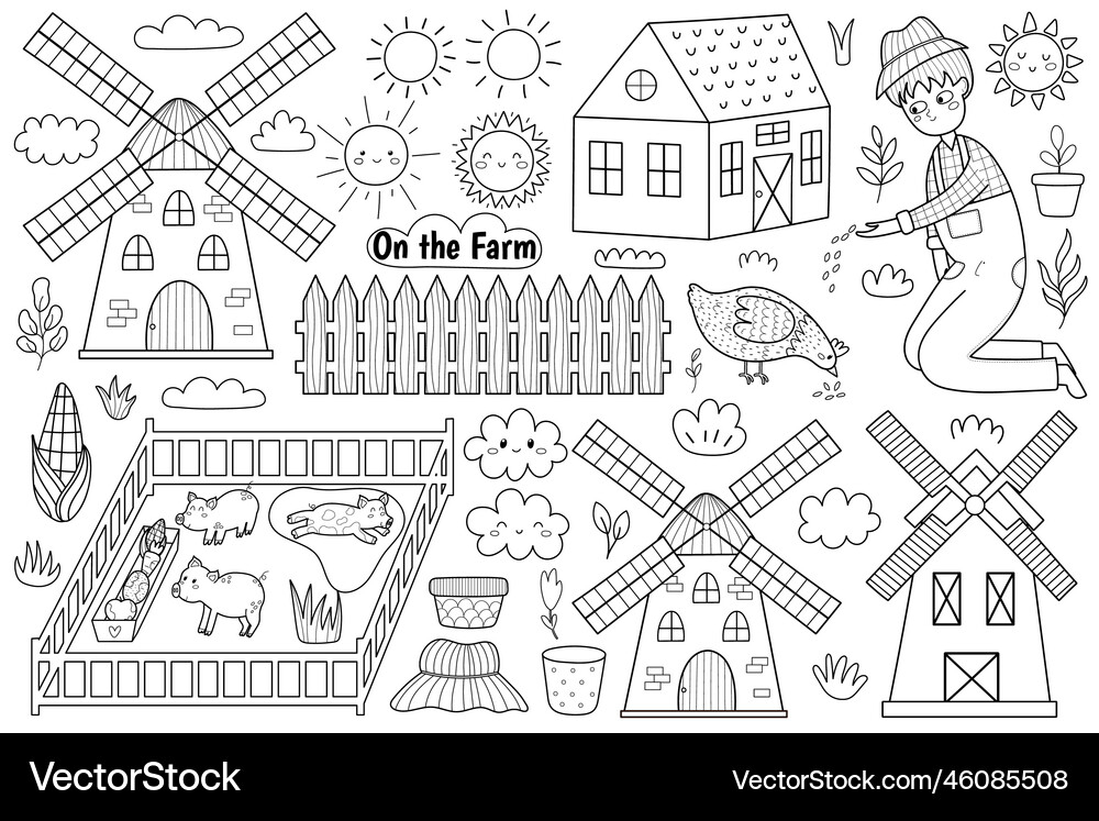 Black and white farm set with cute animals Vector Image