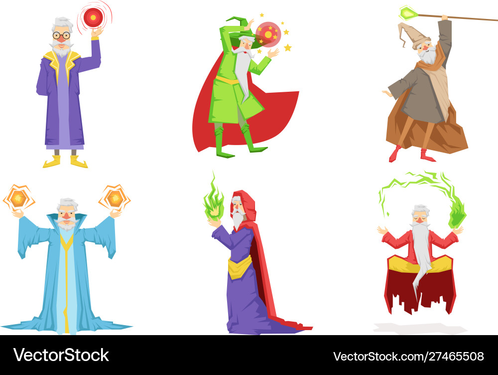 Old wizard characters set male magician Royalty Free Vector