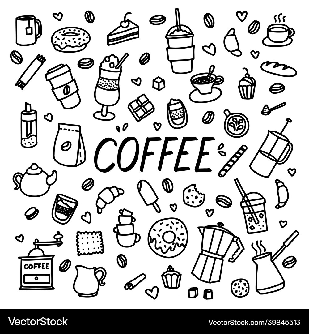 Coffee doodles hand drawn drinks and bakery Vector Image