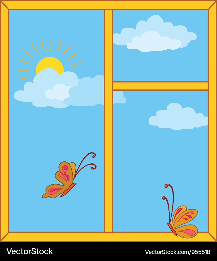 Window with sky sun and butterflies Royalty Free Vector
