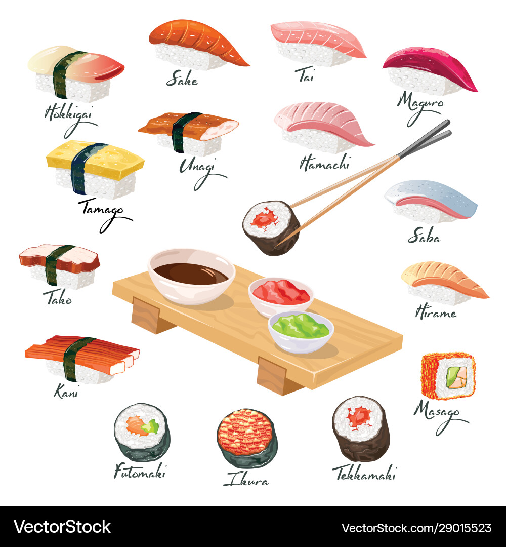 Big set with japanese sushi sashimi Royalty Free Vector