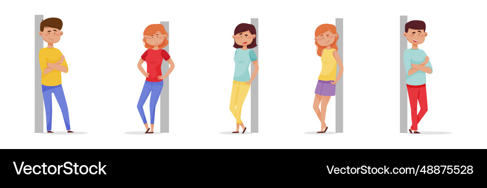 Cheerful people characters leaned against the wall