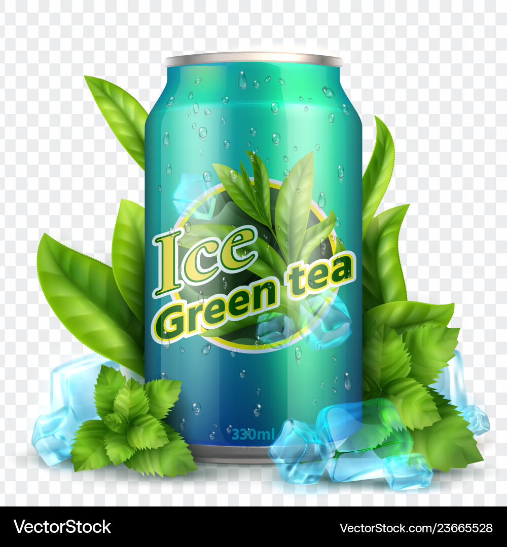 Ice tea background realistic can with tea leaves Vector Image