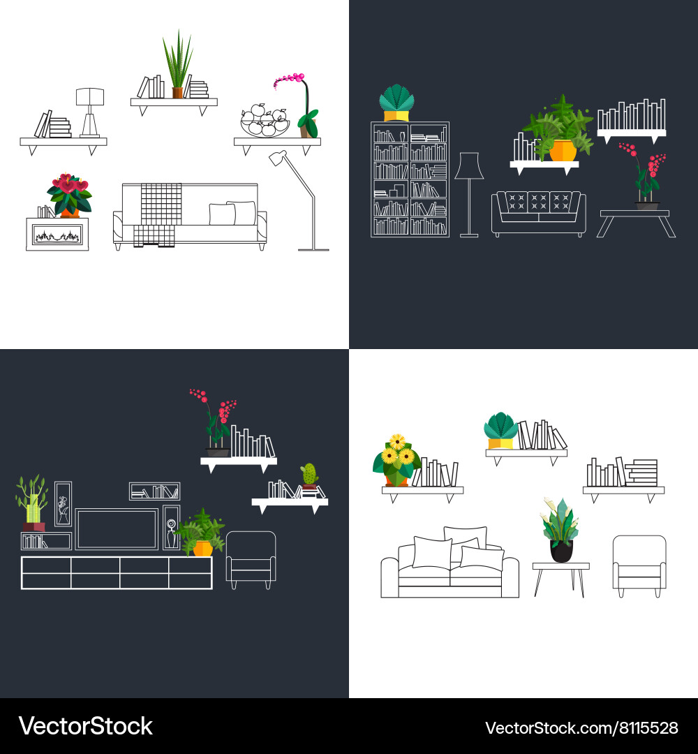 Outline interior set decorated with flat homeplant