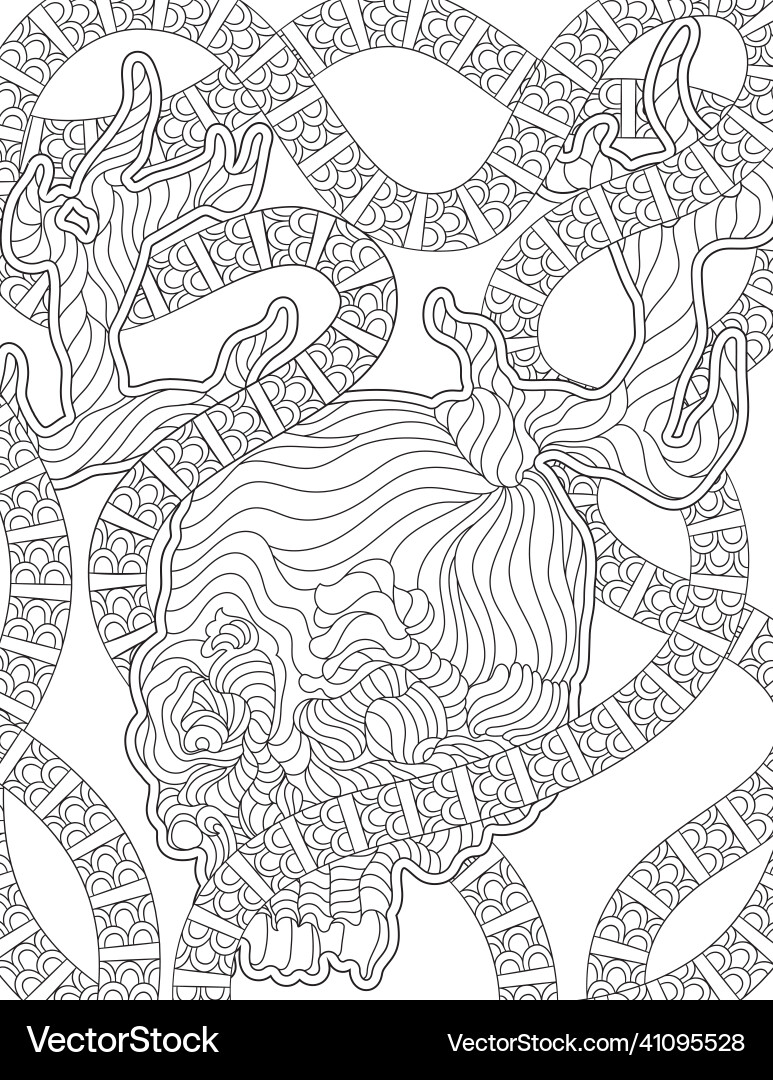 Skull with snakes around line drawing coloring Vector Image