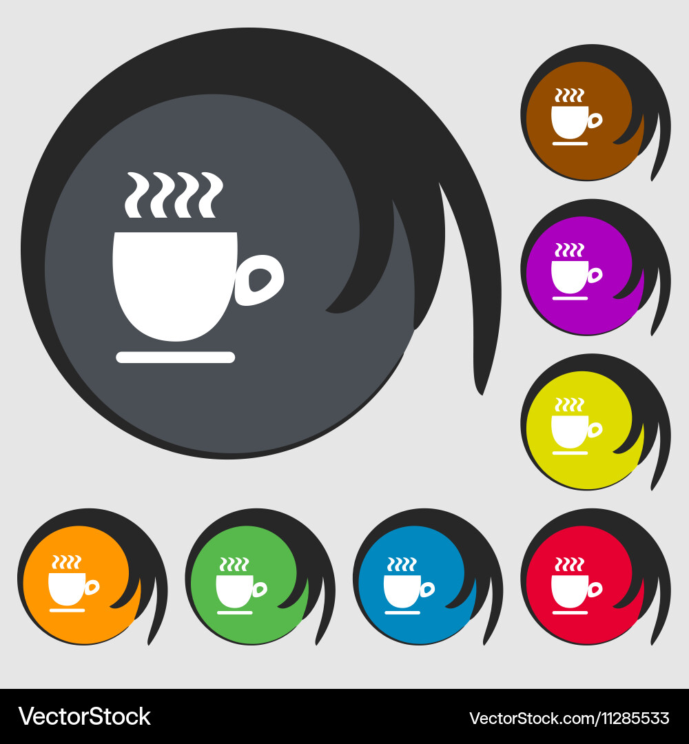 Coffee cup sign symbols on eight colored buttons Vector Image