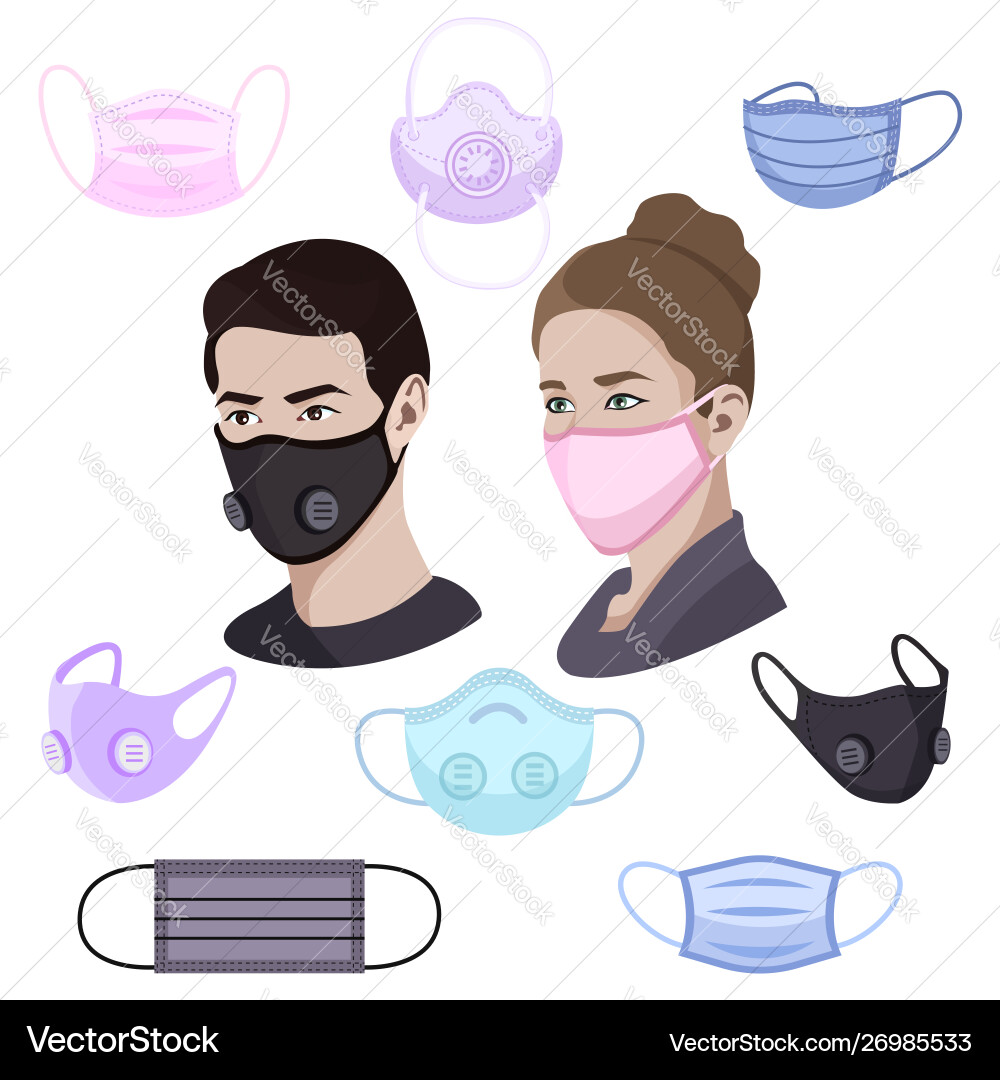 Colorful air pollution face masks set man Vector Image