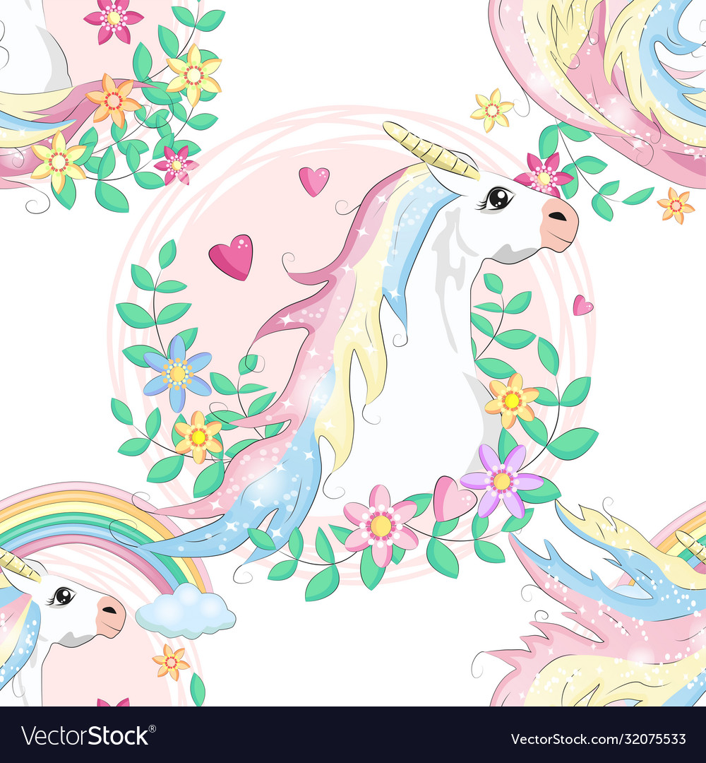 Pattern with cute unicorns cloudsrainbow Vector Image