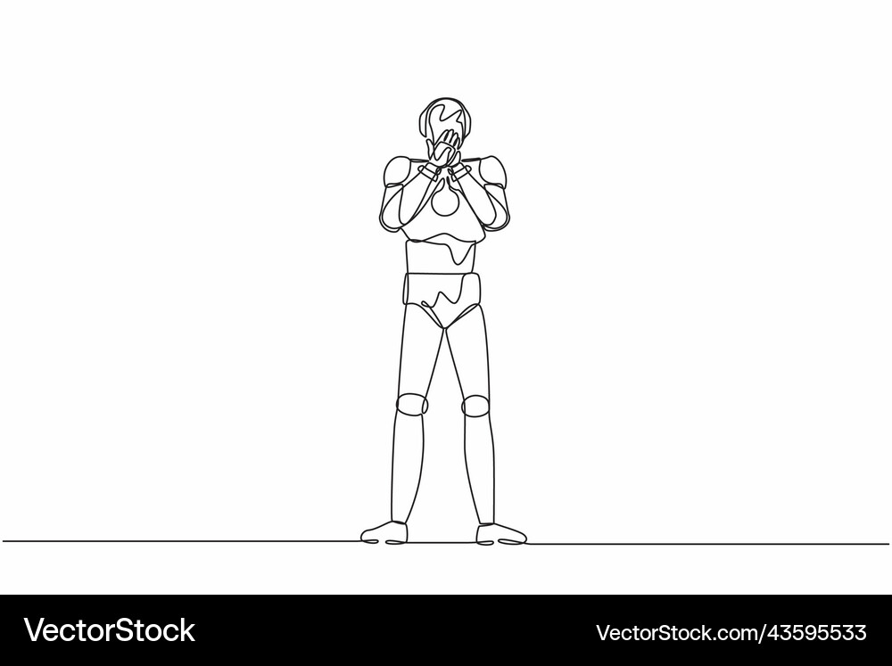 Single one line drawing robot covering mouth Vector Image