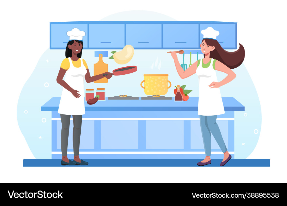 Home kitchen interior housekeepers prepare meal Vector Image