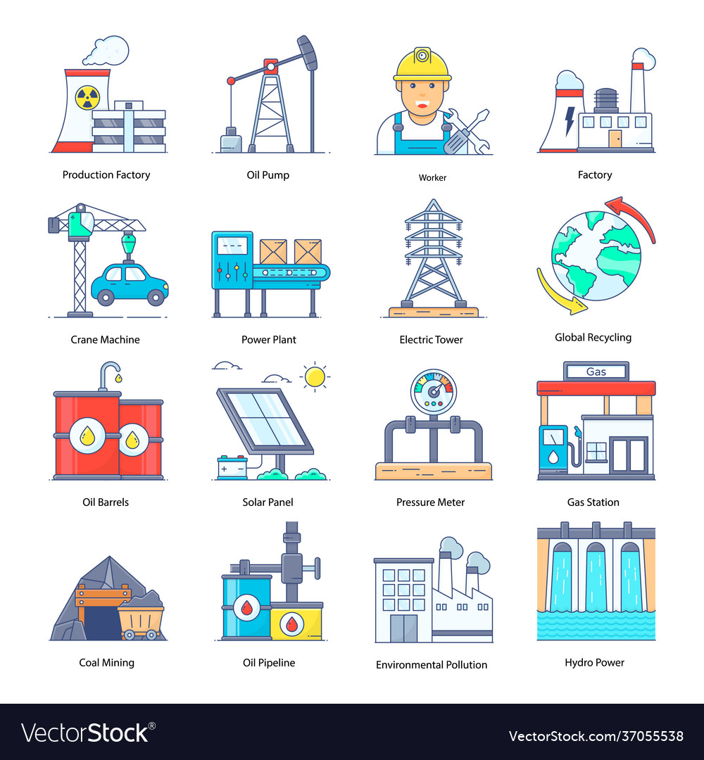 Pack industrial automation flat outline icons Vector Image