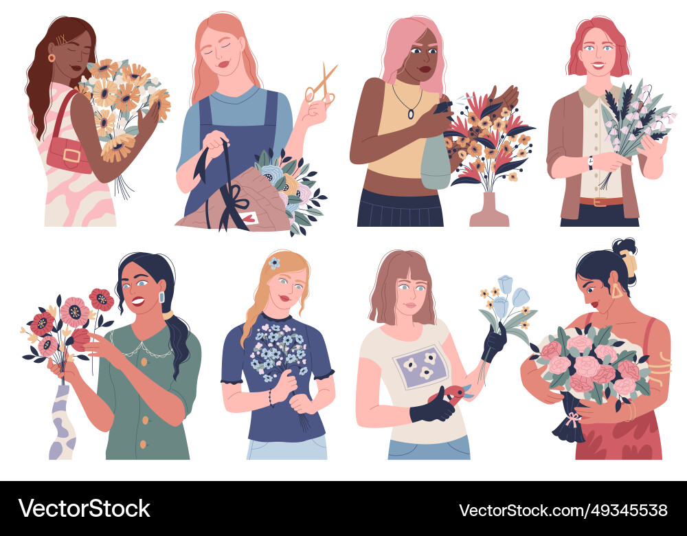 People with flower bouquets romantic beautiful Vector Image