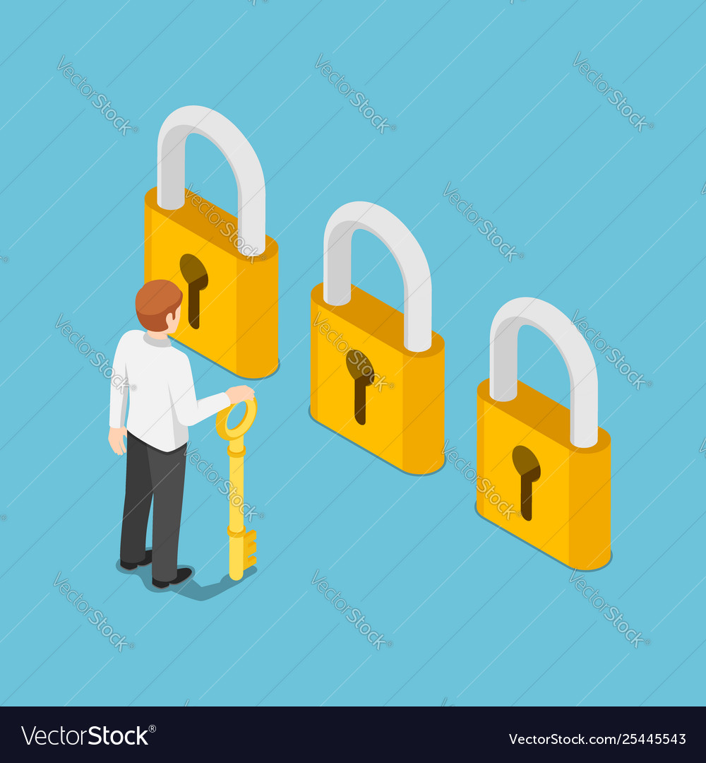 Isometric businessman holding golden key and Vector Image