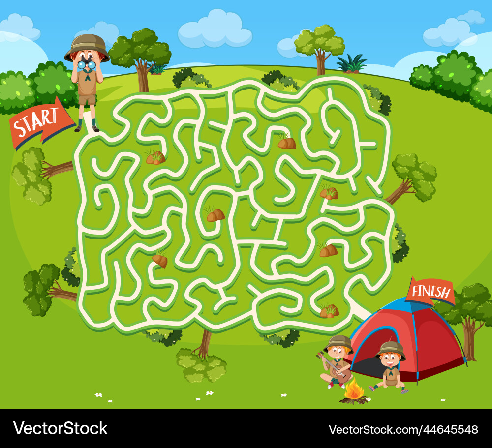 Maze game template in camping theme for kids Vector Image