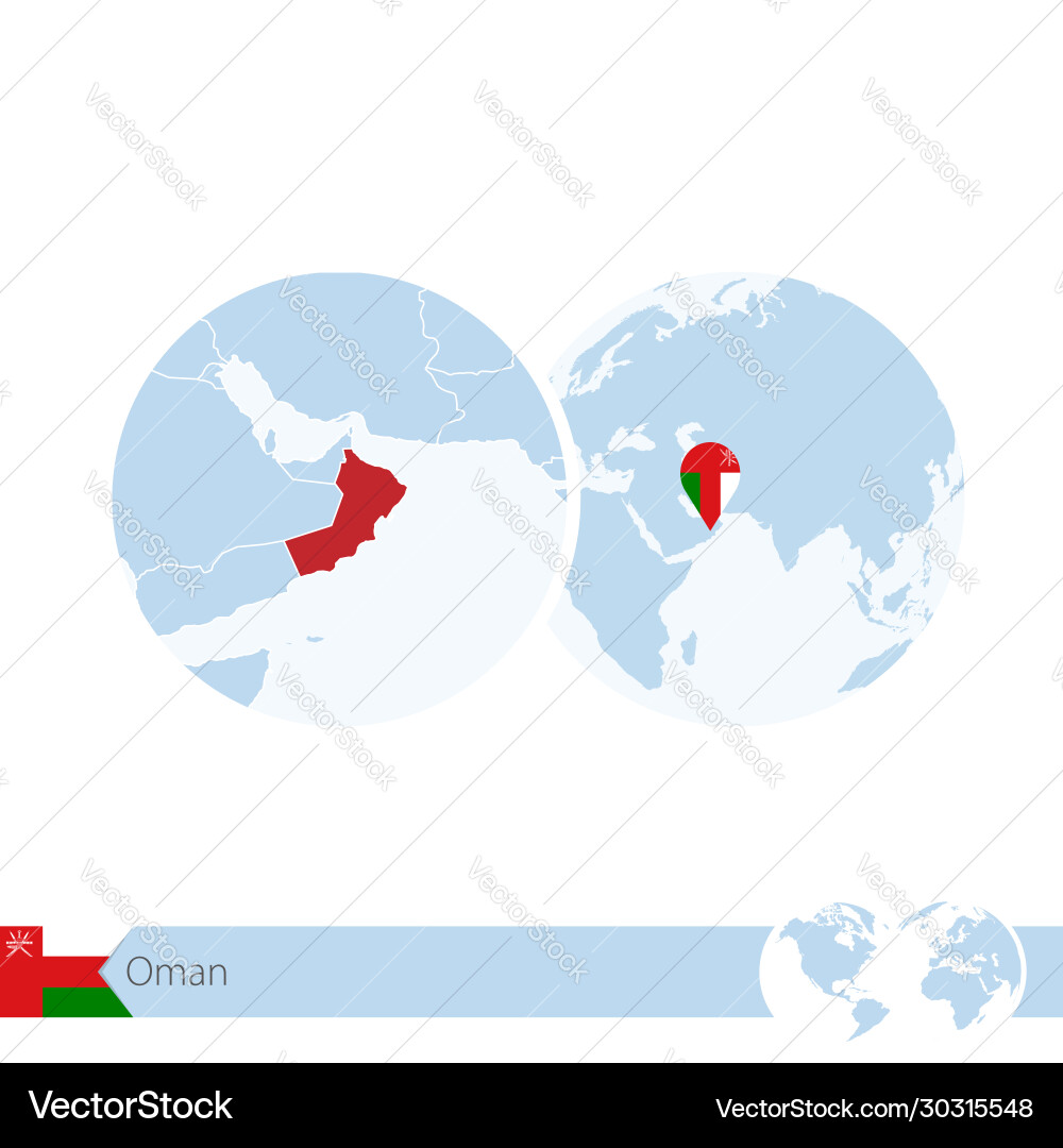 Oman on world globe with flag and regional map Vector Image