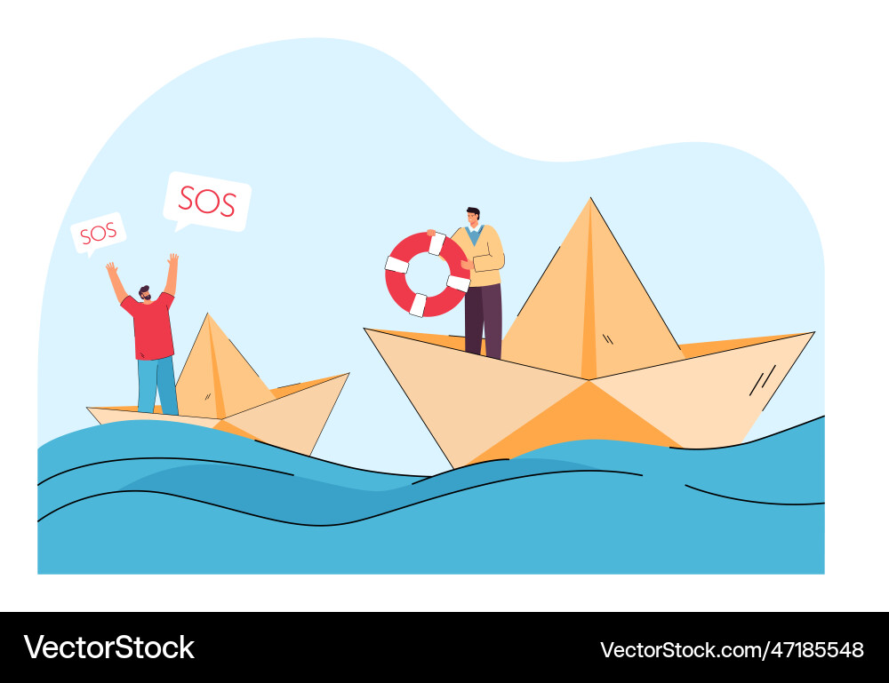 Tiny man on paper ship at sea asking friend Vector Image