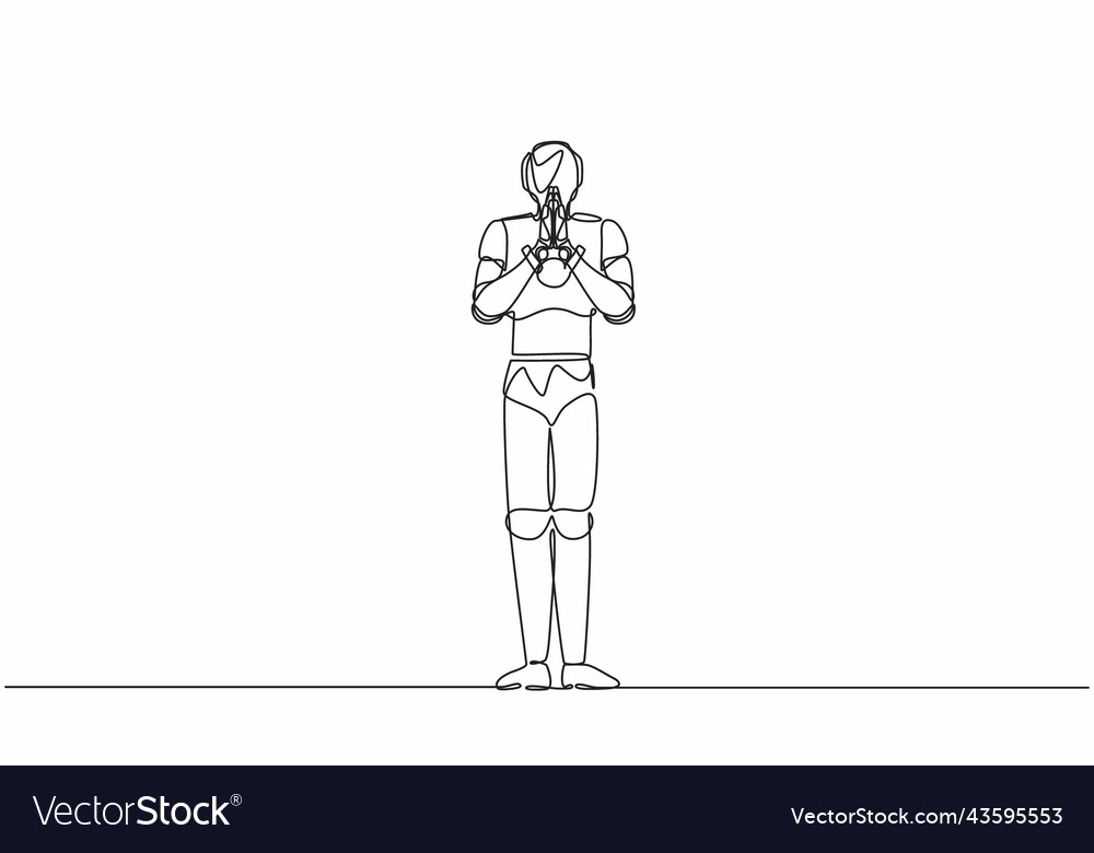 Single continuous line drawing robot holding Vector Image