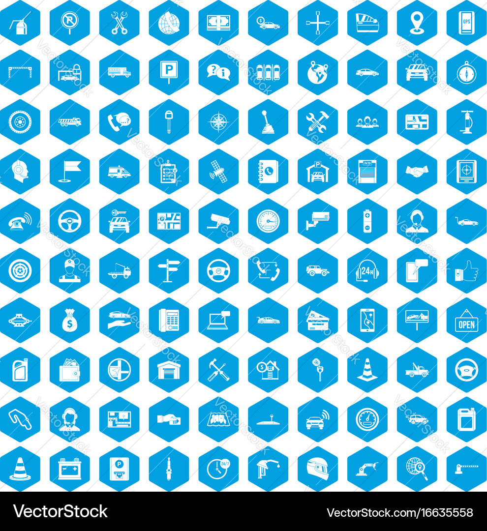 100 auto service center icons set blue Royalty Free Vector