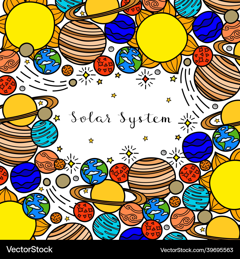 Square background with hand drawn planets stars Vector Image