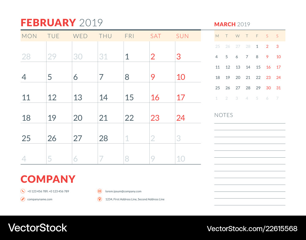 February 2019 week starts on monday calendar Vector Image