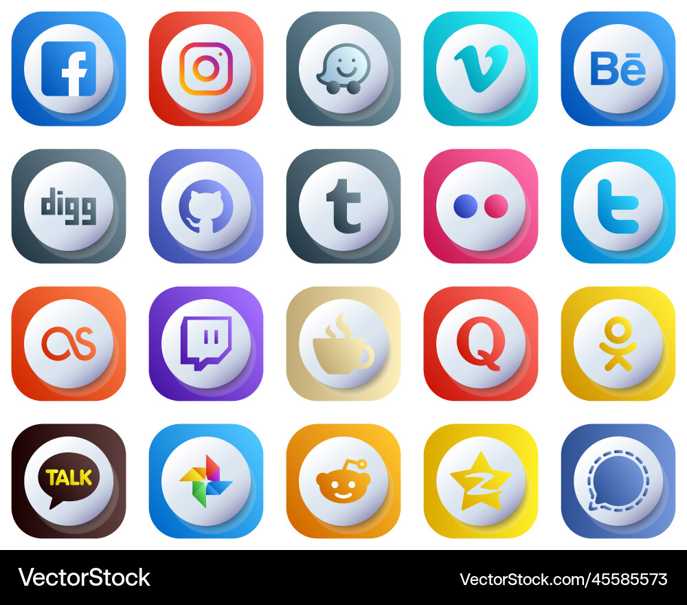 20 cute modern 3d gradient social media icons Vector Image