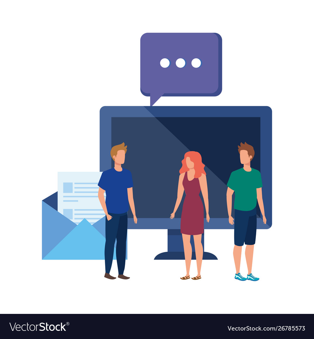 Group people with desktop computer Royalty Free Vector Image