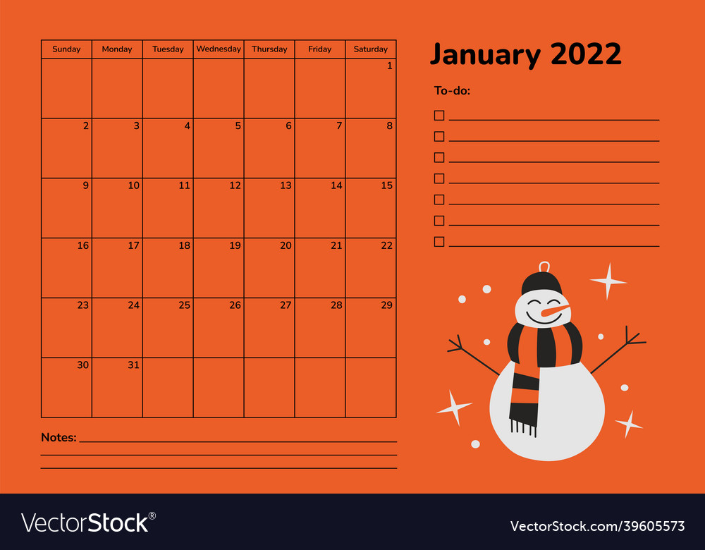 Horizontal planner 2022 january calendar page Vector Image