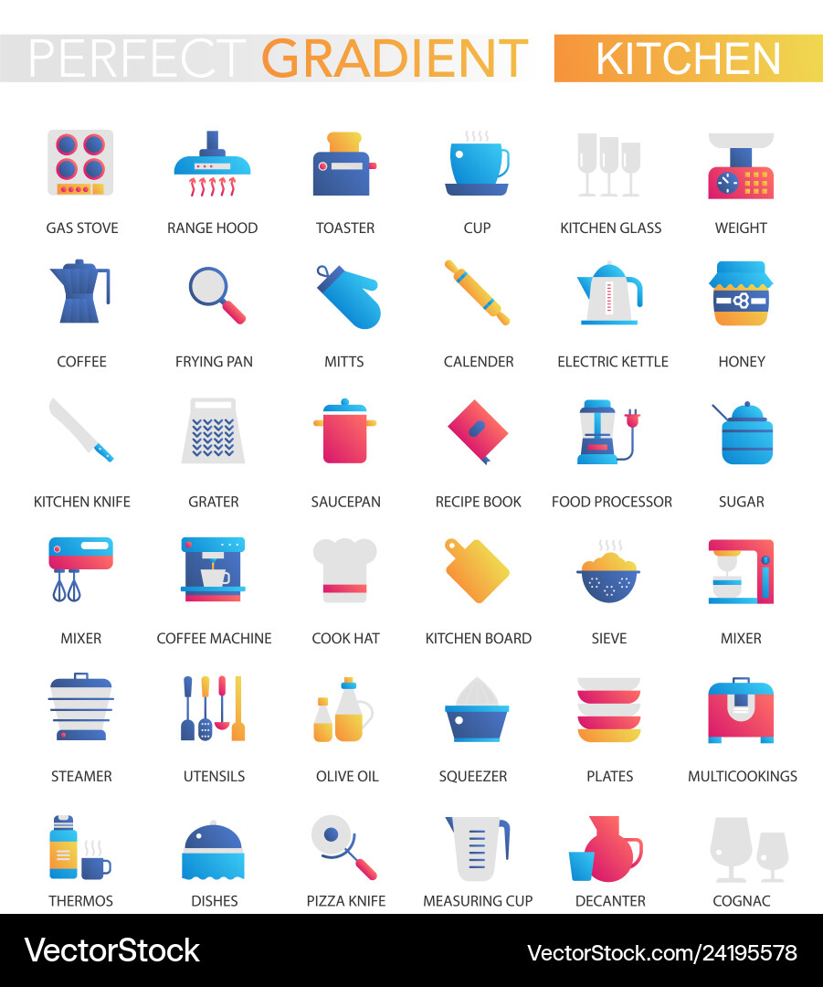 Set of trendy flat gradient kitchen icons Vector Image