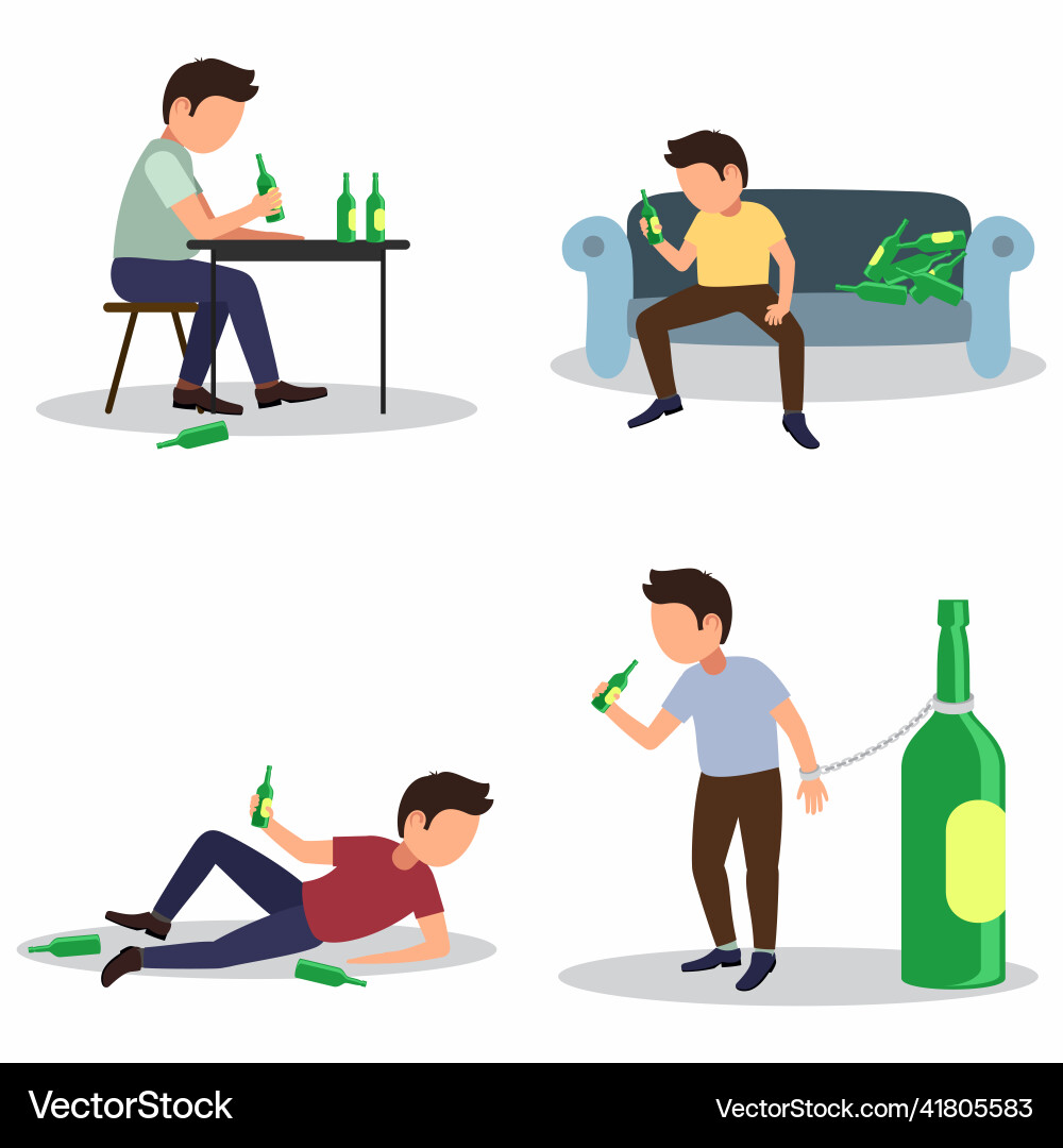 Alcoholism risks danger from boozing icons set Vector Image
