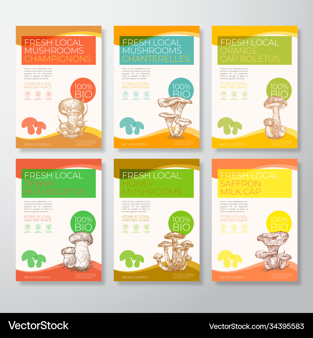 Fresh local mushrooms label templates collection Vector Image