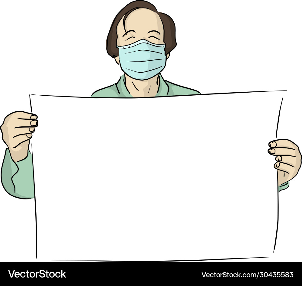 Man with surgical mask holding blank sign Vector Image