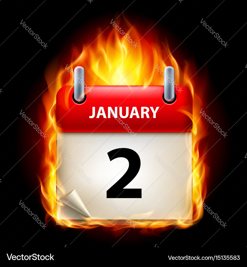 Second january in calendar burning icon on black Vector Image