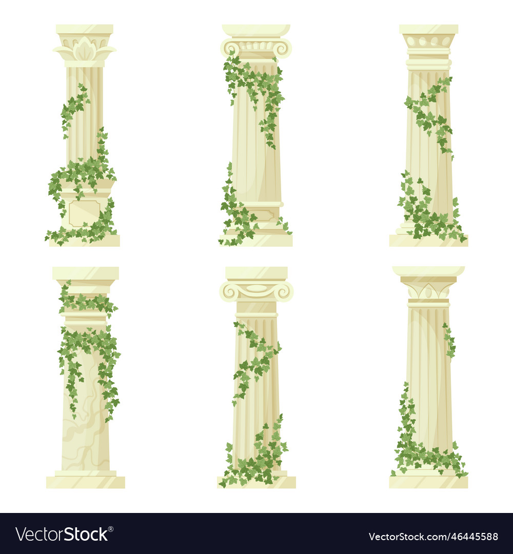 Ivy-covered classic columns set cartoon greek Vector Image Ivy-covered classic columns set cartoon greek Vector Image