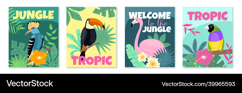 Tropical birds posters bright colors mini banners Vector Image