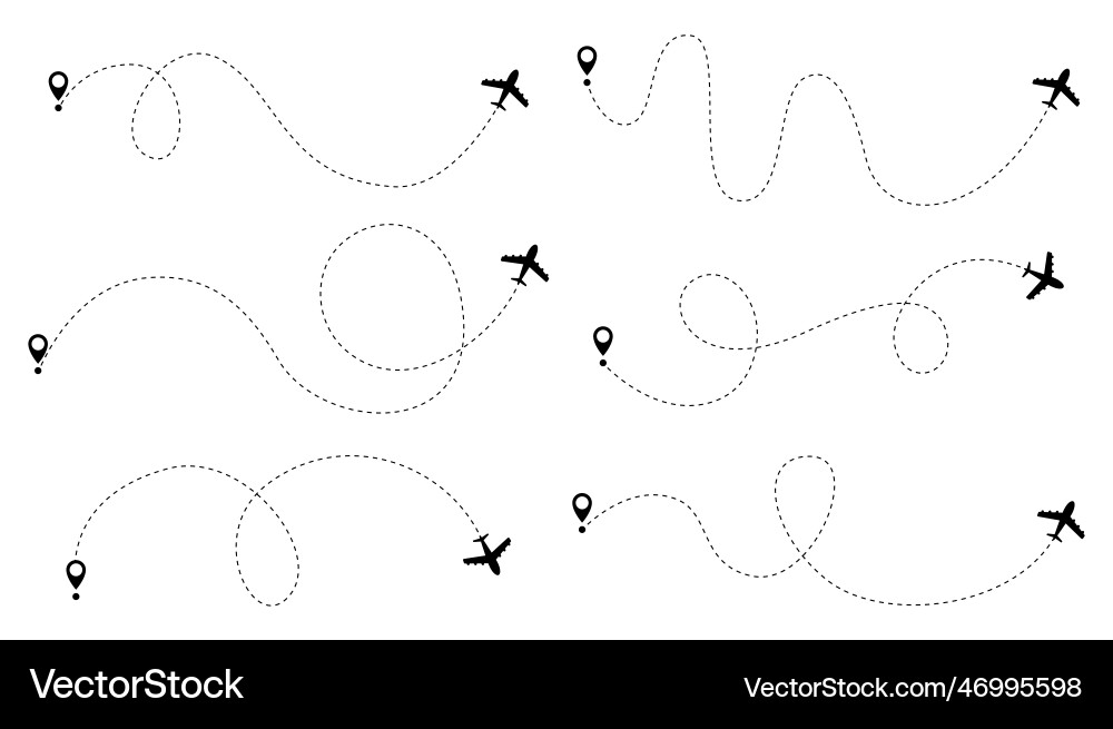 Airplane dotted route line set path travel line Vector Image