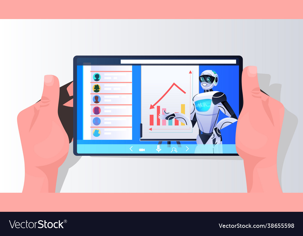 Robot analyzing financial statistics data Vector Image Robot analyzing financial statistics data Vector Image
