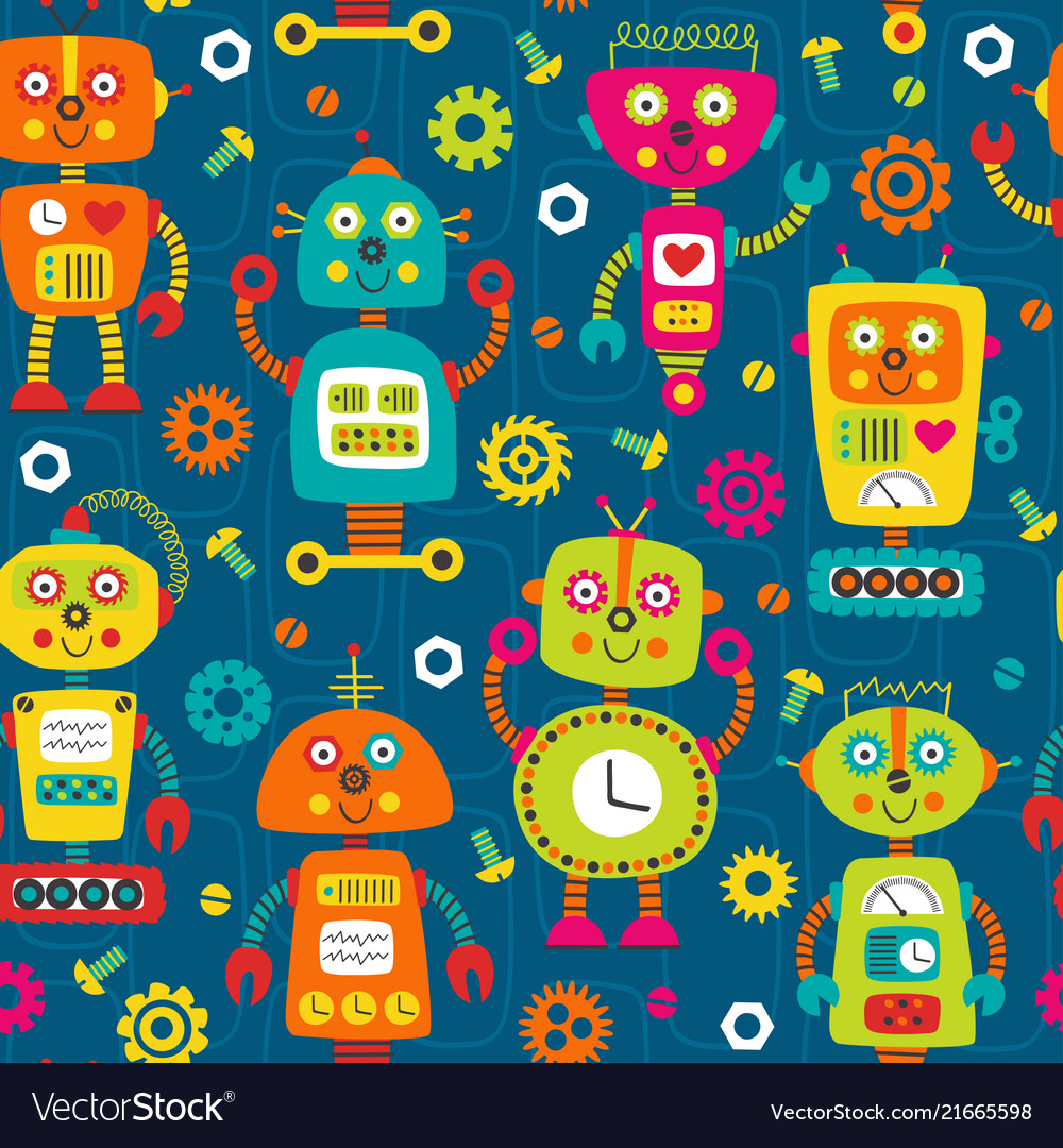 Seamless pattern with colorful robots on blue back