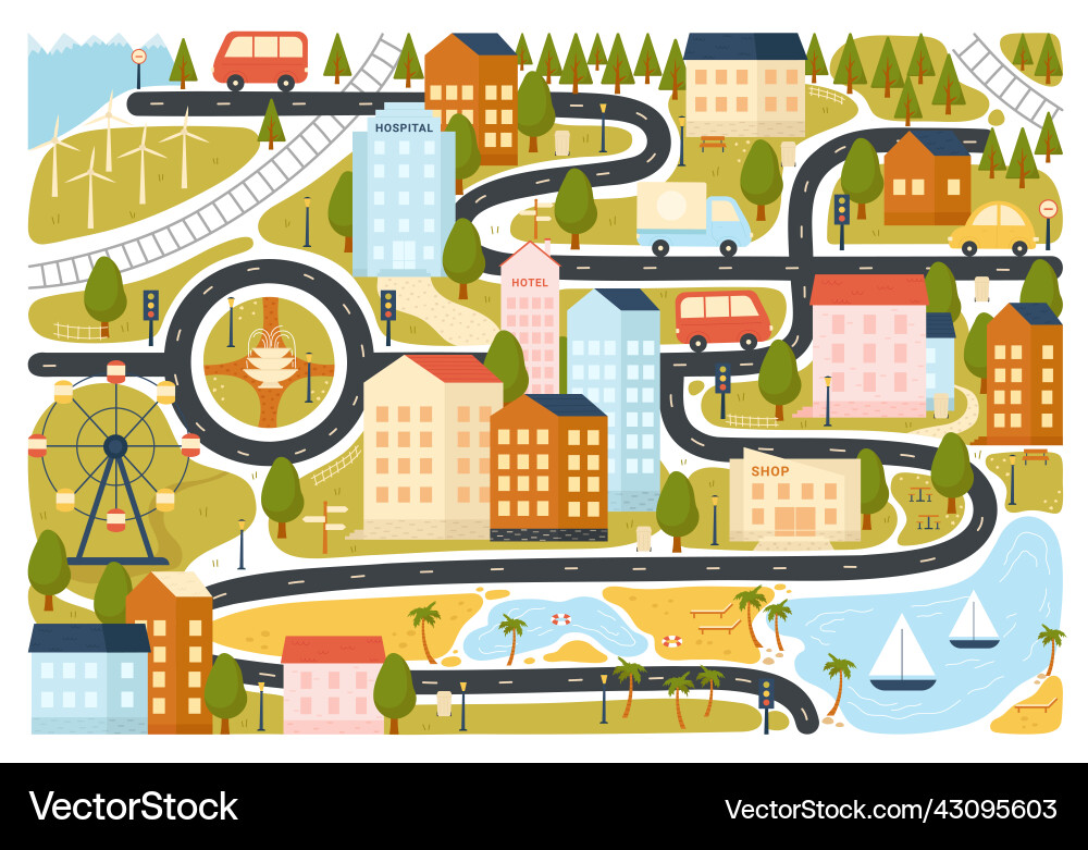 Cute city map town or village plan Royalty Free Vector Image