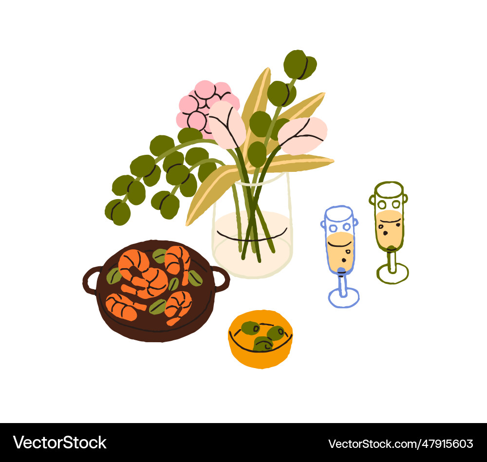Food snacks drinks for romantic dinner flower Vector Image