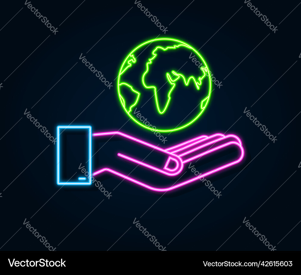 Neon abstract icon with earth in hands happy Vector Image