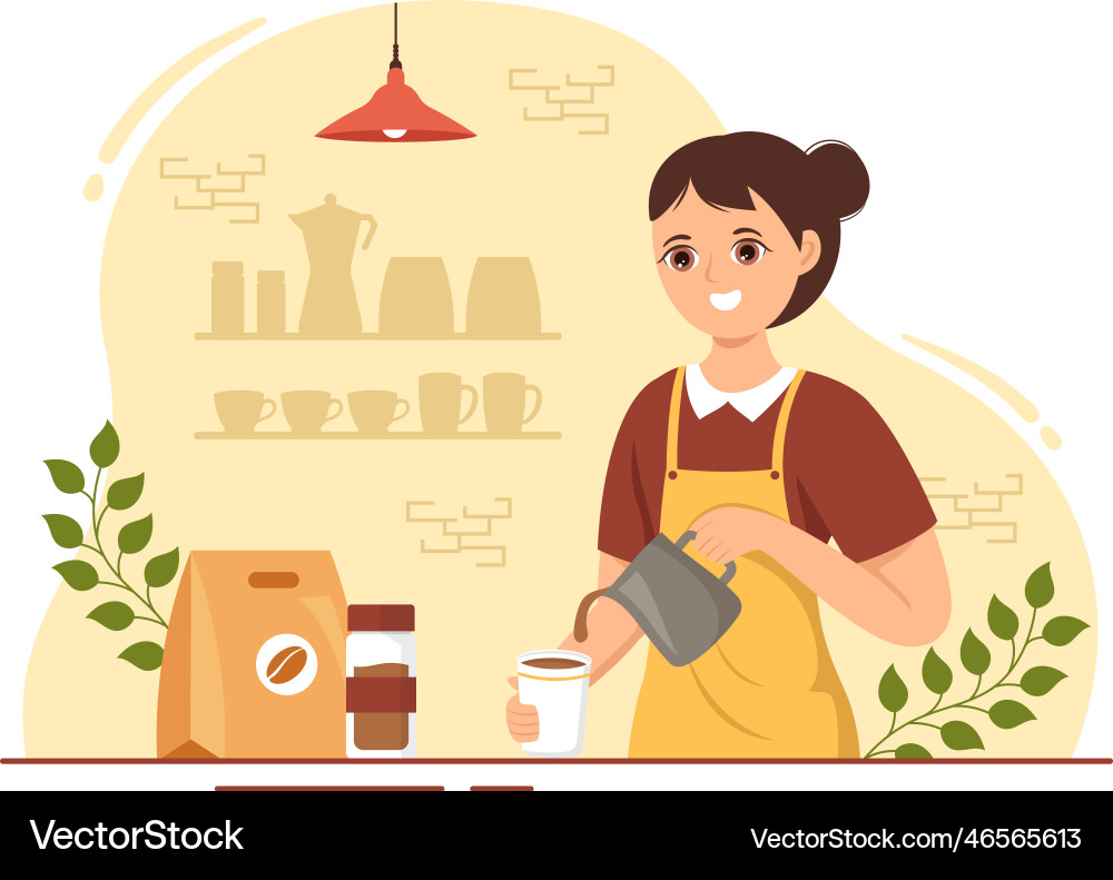 Barista with wearing standing apron making coffee Vector Image