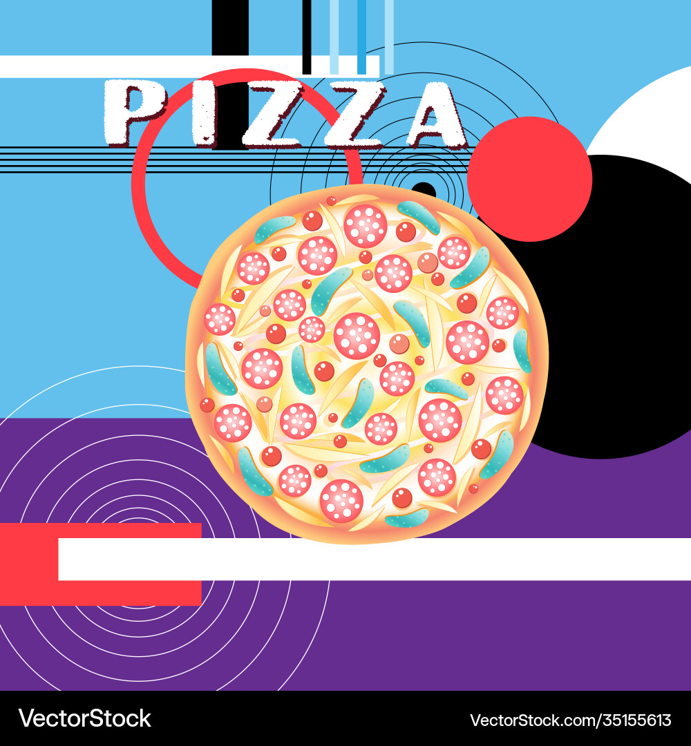 Bright poster with pizza on a geometric Royalty Free Vector