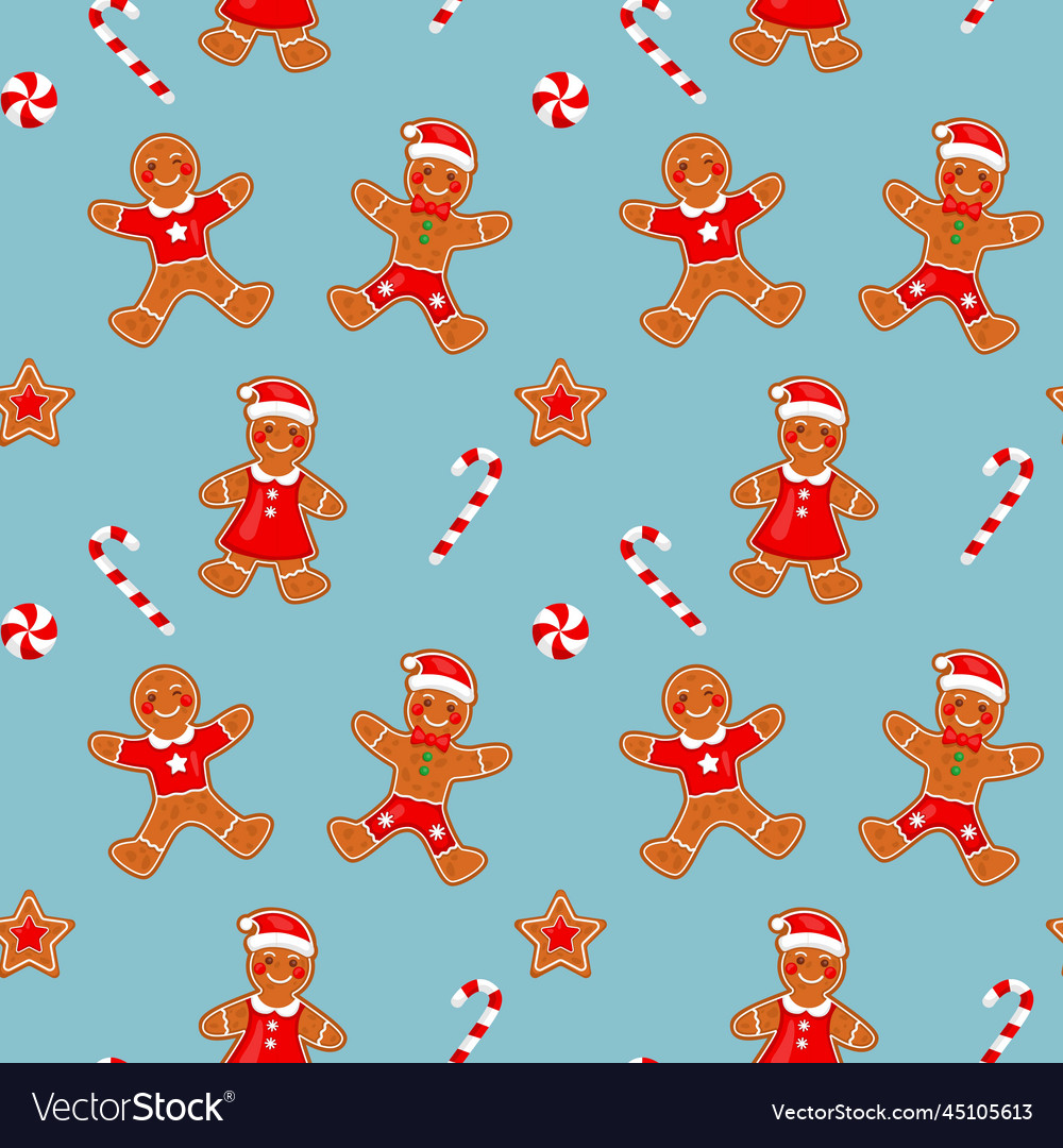Christmas gingerbread man candy cane pattern Vector Image